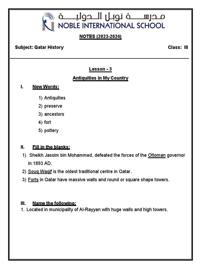 NOTES (2023-2024) Subject: Qatar History Class: III - Lesson - 3 ...