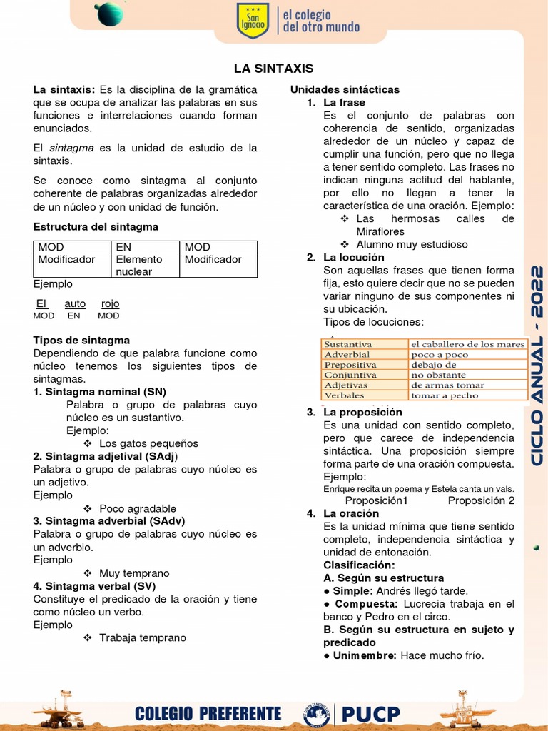 La Sintaxis | PDF | Oración (Lingüística) | Sintaxis