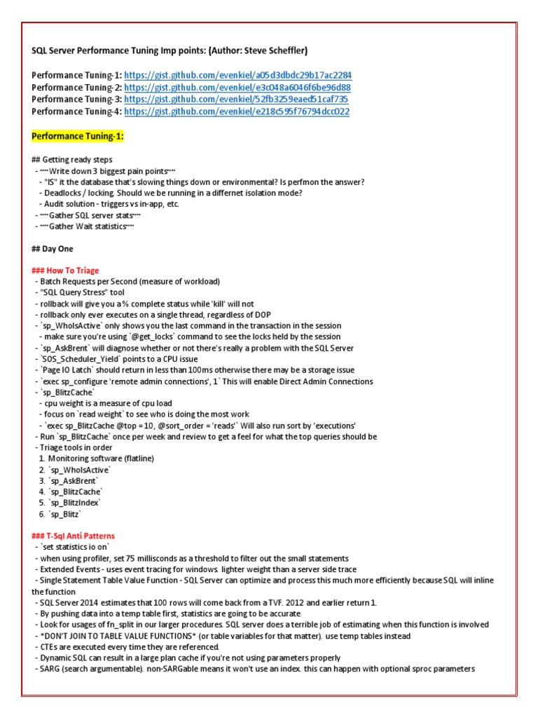 SQL Server Performance Tuning Imp Points | PDF | Microsoft Sql Server | Database Index