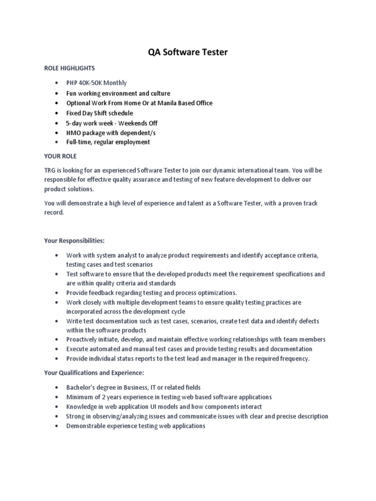 Qa Software Tester Job Description Training Resources Group Inc Pdf