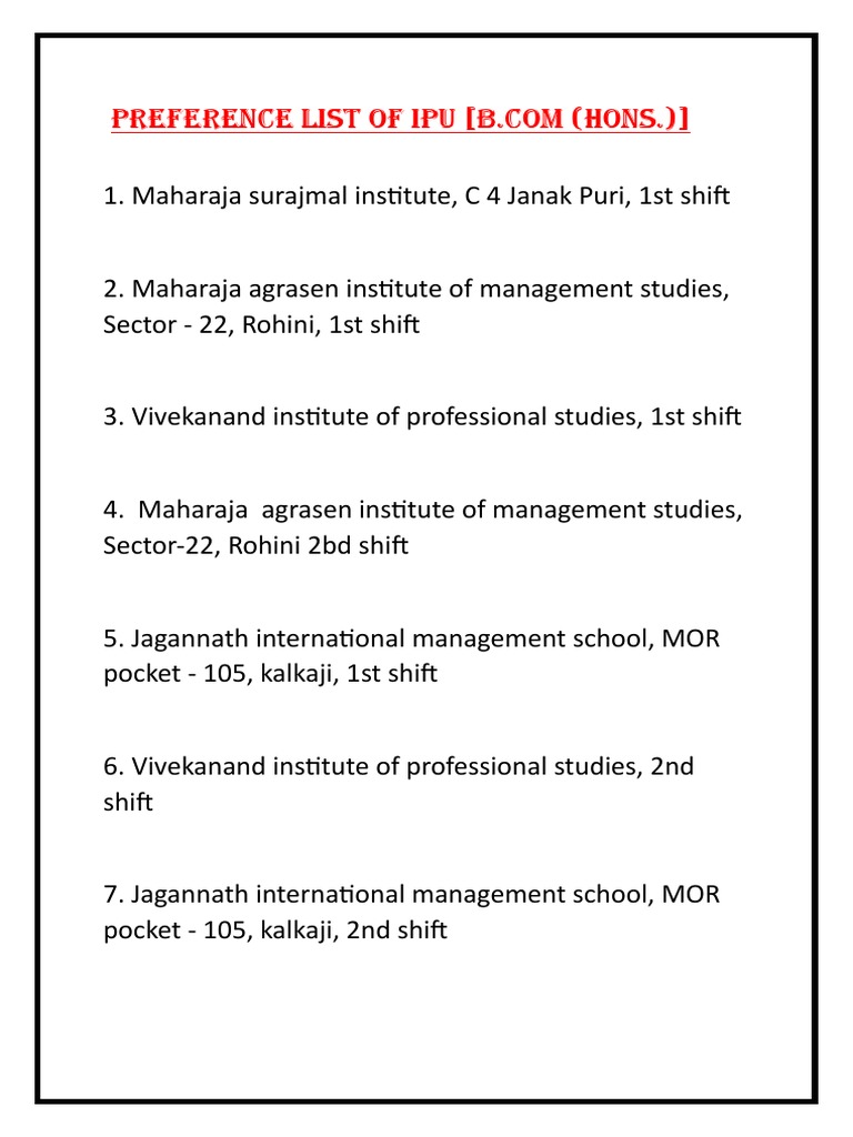 Preference List Of IPU | PDF