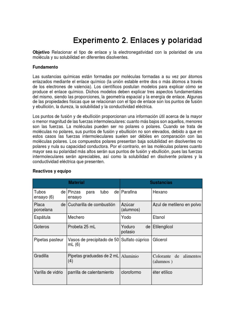 Experimento 2. Enlaces y Disoluciones. | PDF | Concentración | Polaridad química