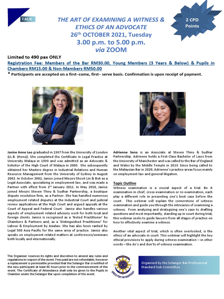 Brochure Talk The Art of Examining A Witness Ethics of An Advocate On ...