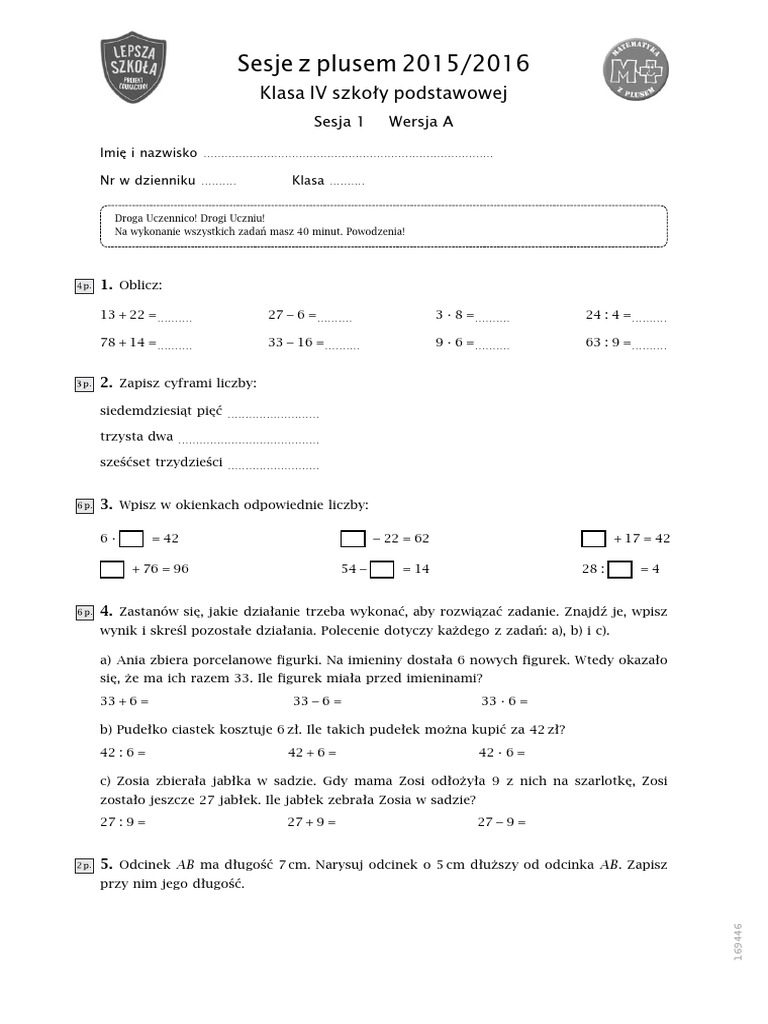 Sesje Z Plusem 2015 2016 KL IV Sesja 1 Wersja A | PDF