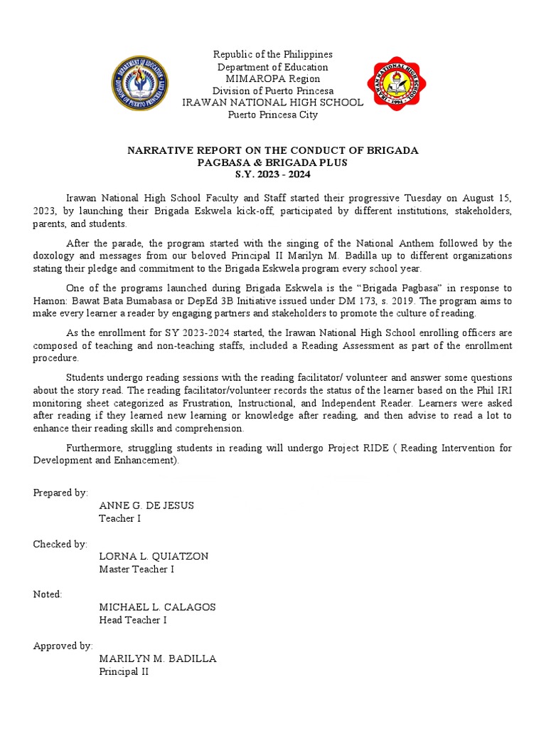 BRIGADAPAGBASA SY 23 24 Narrative | PDF | Pedagogy | Learning