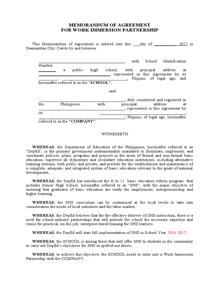SHS MOA Template | PDF | Business