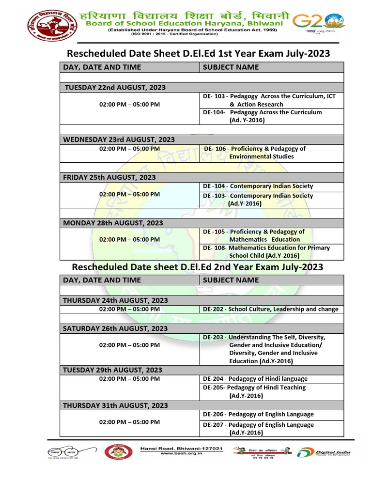 Rescheduled Date Sheet D.El - Ed 1st Year Exam July-2023: Day, Date and ...