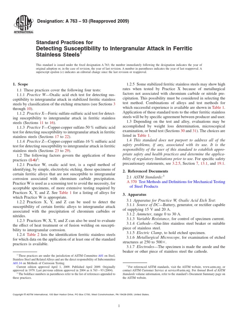 ASTM A 763-1993 (R 2009) Standard Practices For Detecting Susceptibility To Intergranular Attack ...