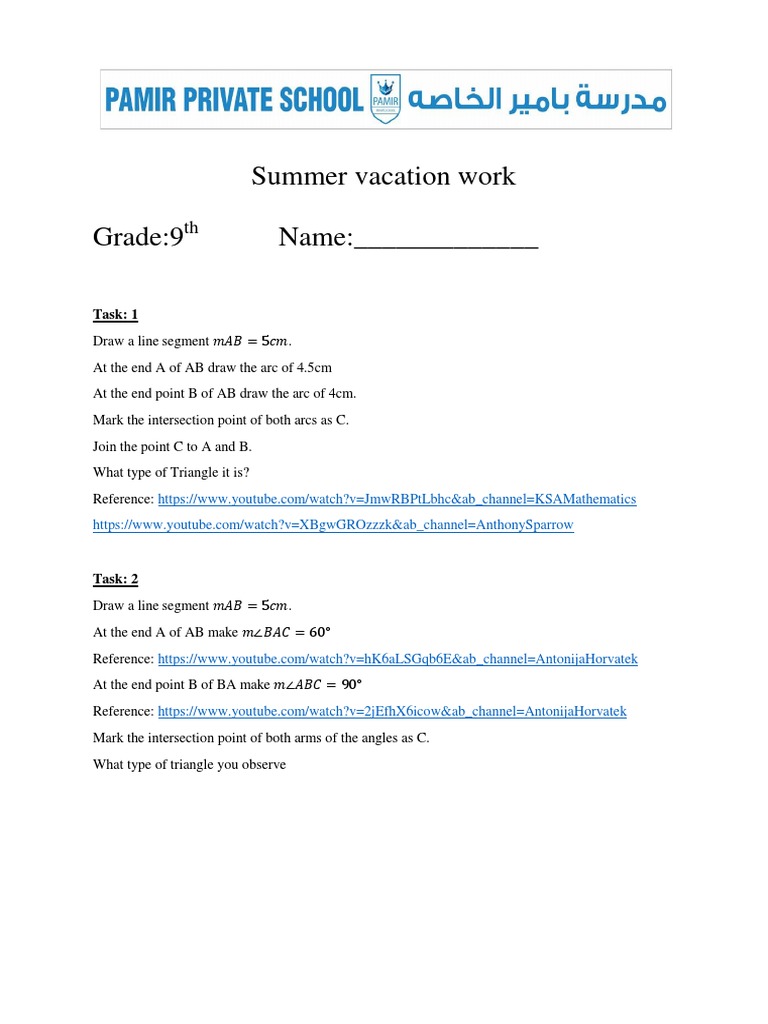 Grade 9 Summer Vacation Task 2023-24 | PDF | Triangle | Angle