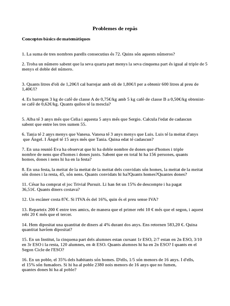 Problemes de Repàs Matemàtiques Equacions | PDF