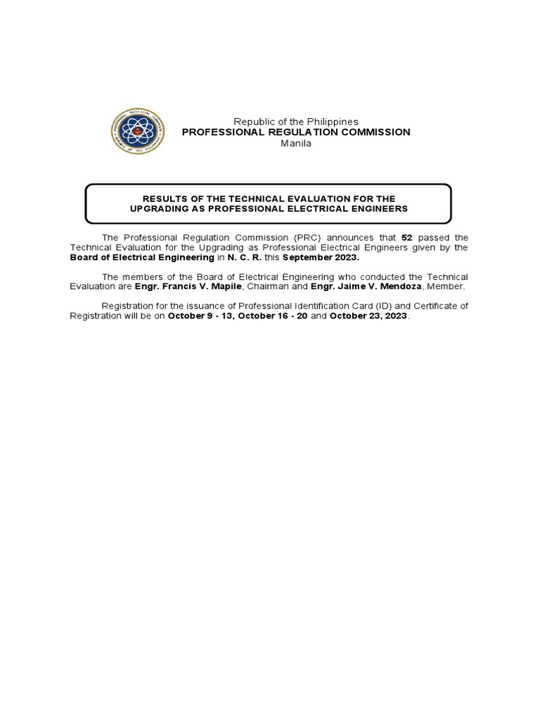 Results of The Technical Evaluation For The Upgrading As Professional ...