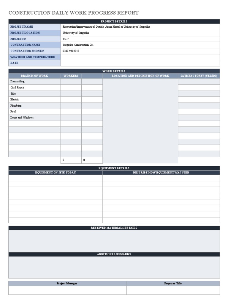 Construction Daily Work Progress Report: Project Details | PDF