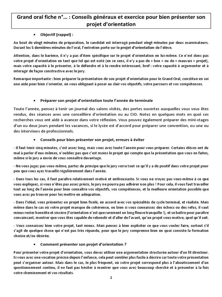 Fiche GD Oral Orientation Version Eleve Roux | PDF