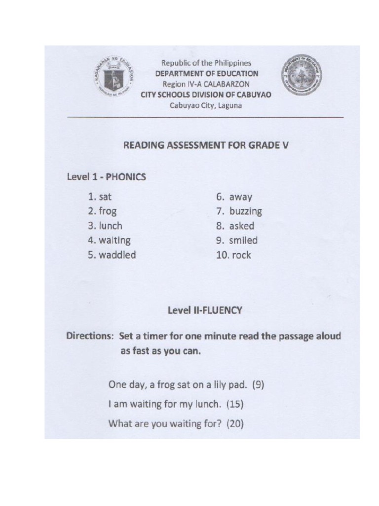 Reading Assessment Tool Sses g4 | PDF
