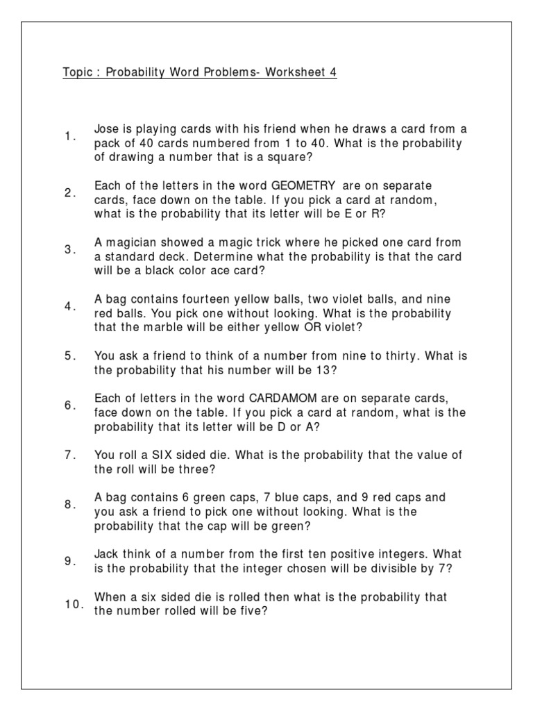 Probability Word Problems Worksheet | PDF | Home & Garden