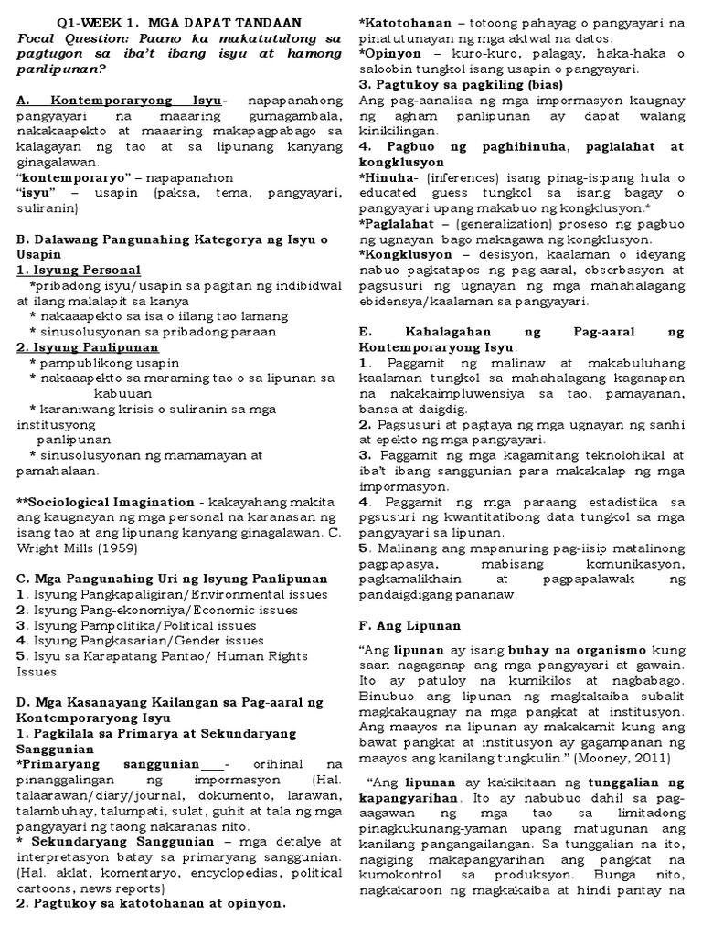 Quarter 1, Week 1 Mga Dapat Tandaan Sa Pag-Aaral NG Kontemporaryong Isyu | PDF