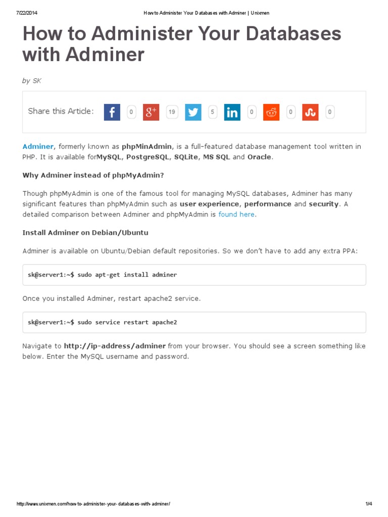 How To Administer Your Databases With Adminer - Unixmen | PDF | My Sql | Databases