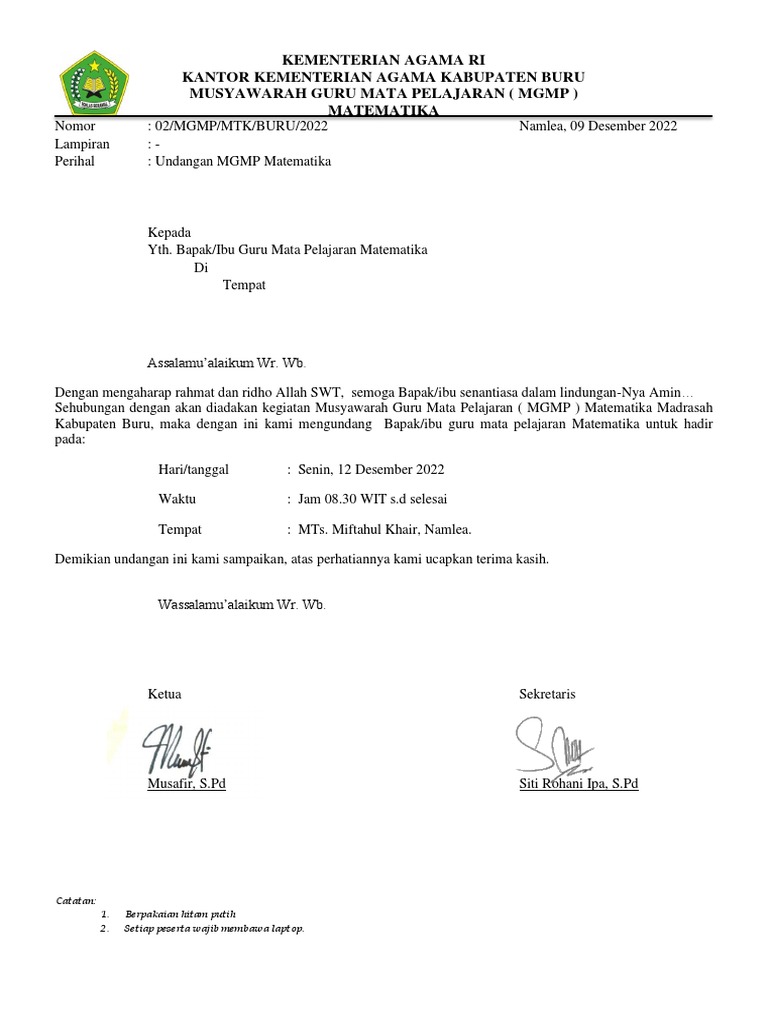 Contoh Undangan MGMP Matematika | PDF