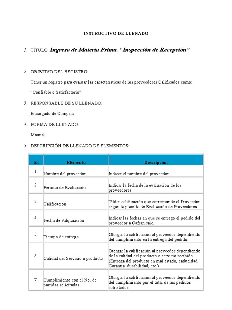 Instructivo de Llenado. Planilla Inspecion de Recepcion de Materias Primas | PDF