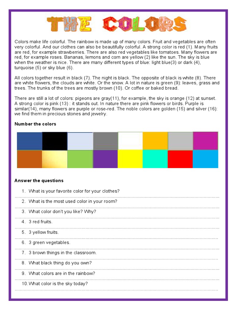 Easy Readings The Colors Oneonone Activities Reading Comprehension ...