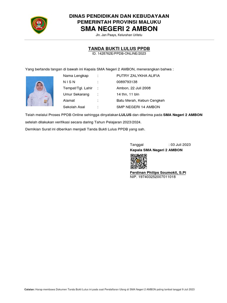 Tanda Bukti Lulus PPDB SMA 2 Ambon | PDF