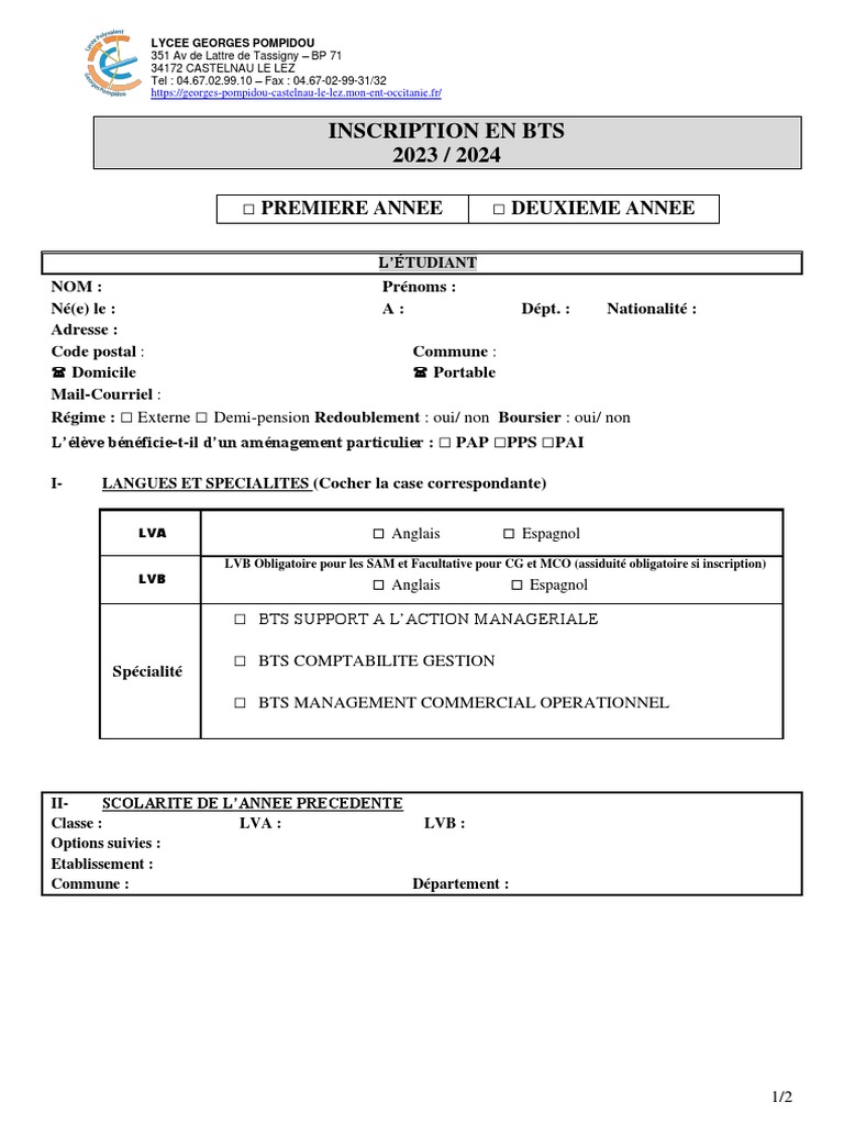 Dossier D'inscription BTS 2023-2024 | PDF