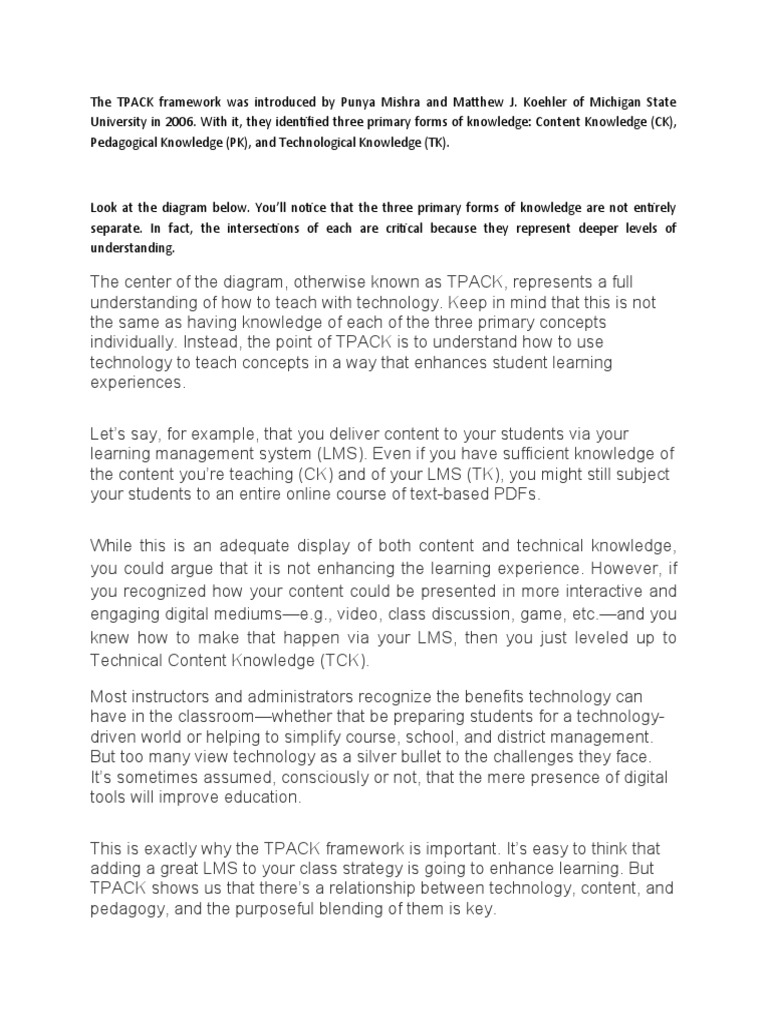 The Tpack Framework Was Introduced By Punya Mishra And Matthew J Pdf