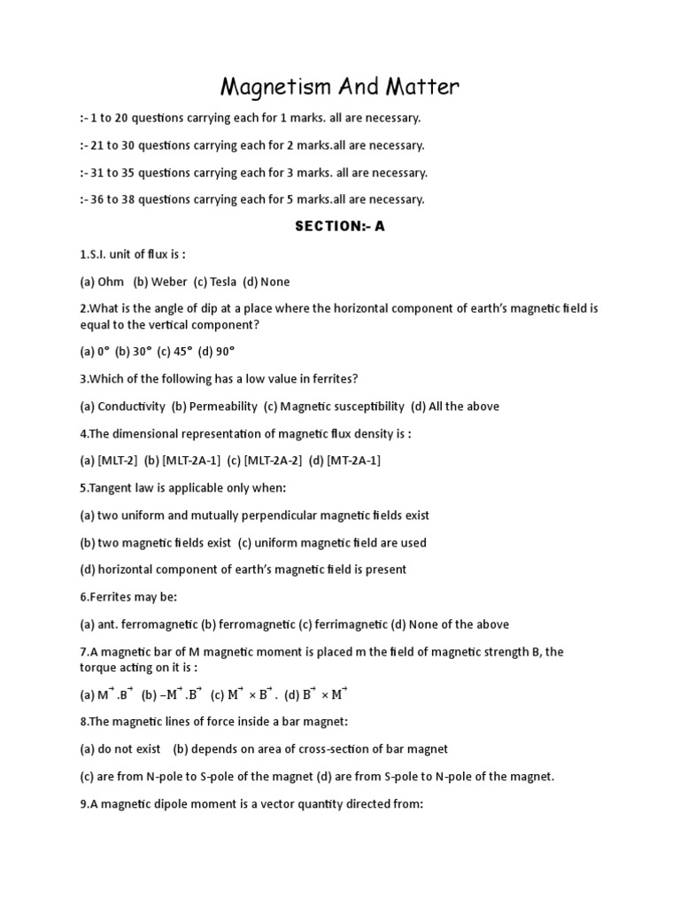 Class 12 Physics Magnetism and Matter PDF | PDF | Magnetic Field | Magnet
