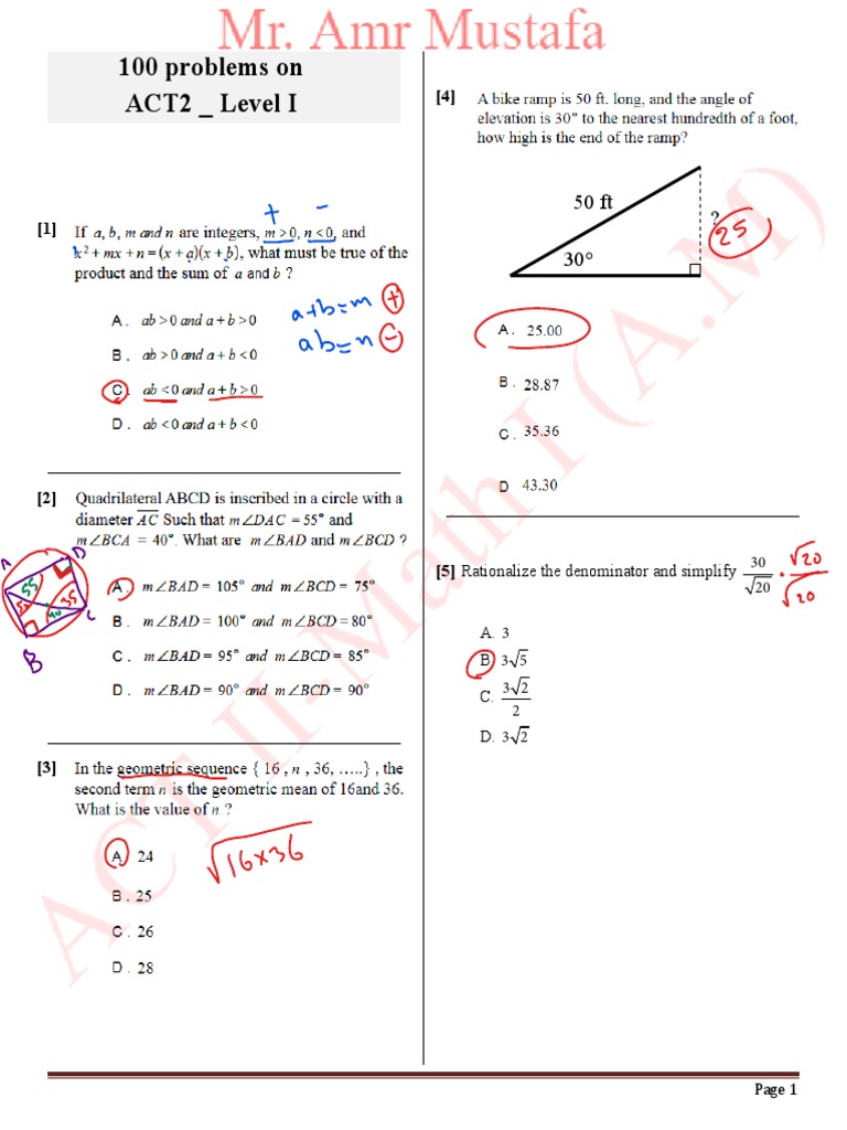 ACT II-Math Level I Part L Explanation (Mr. Amr Mustafa) | PDF | Area ...