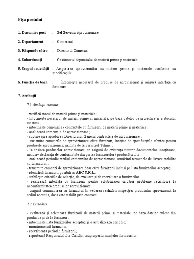 Model Fisa Post | PDF