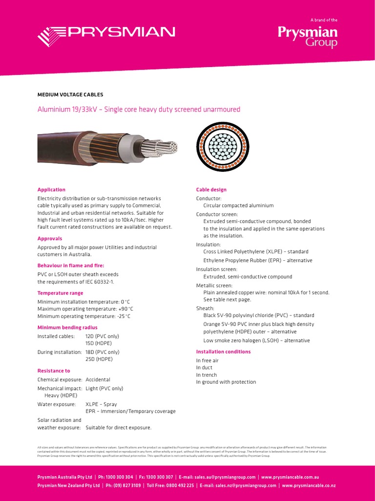 Prysmian 19/33kV MV Cable Datasheet | PDF | Polyethylene | Insulator ...