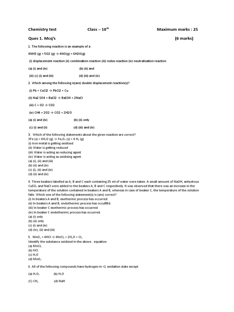Chemistry Test Class 10th | PDF | Chemical Reactions | Redox