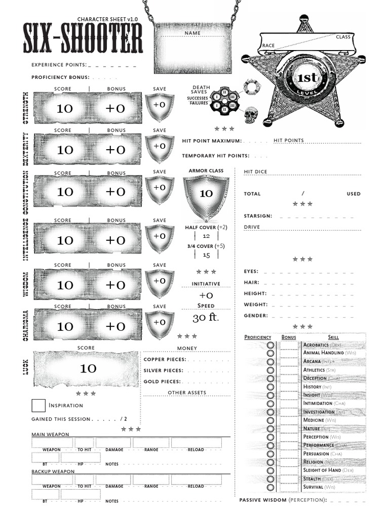 Six Shooter Character Sheet | PDF | Gaming | Role Playing Games