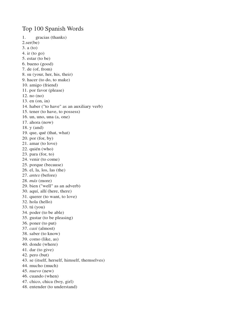 Top 100 Essential Spanish Words | PDF | Language Arts & Discipline