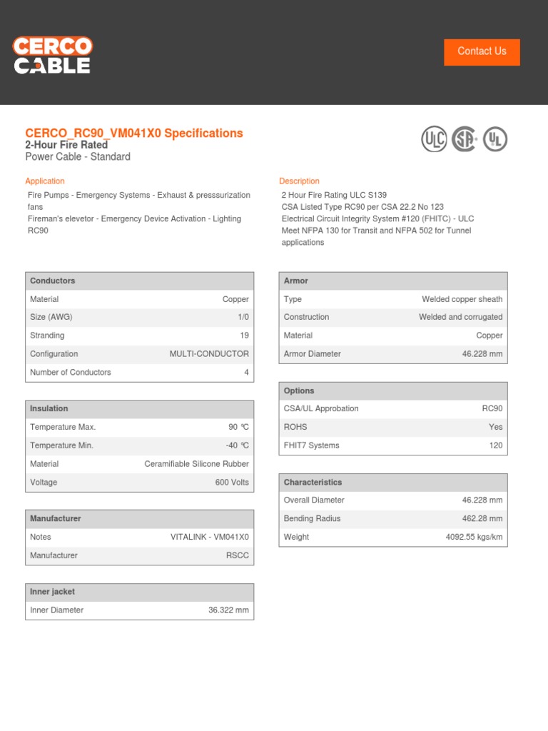RC90 Fire Rated Power Cable Specs | PDF | Electrical Equipment | Components