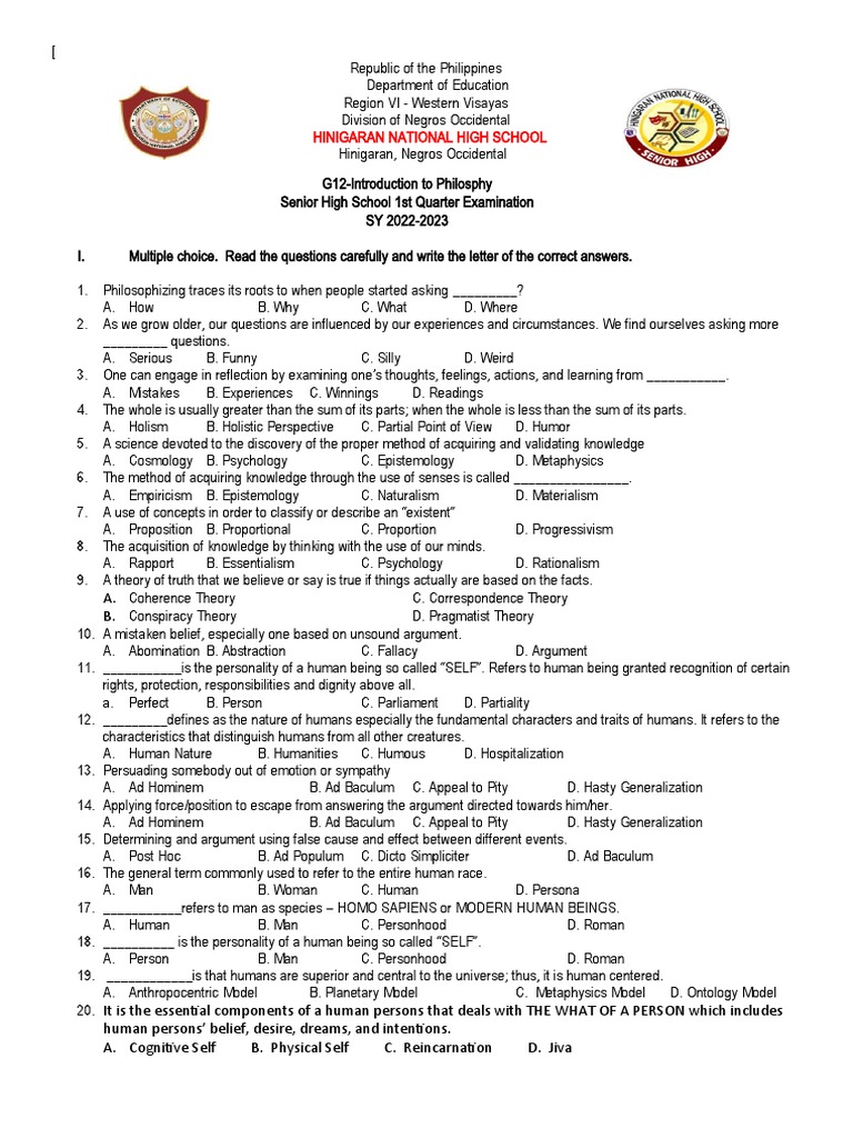 Intro To Philo 2022 2023 1st Quarter Exam and TOS | PDF | Knowledge | Epistemology