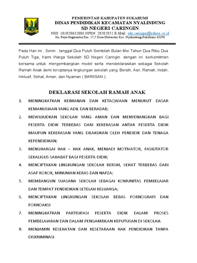 Contoh Komitmen Sekolah Ramah Anak | PDF