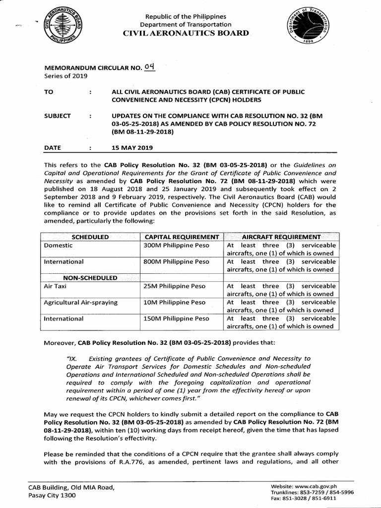 CAB Memorandum Circular No. 04 (Series of 2019) | PDF