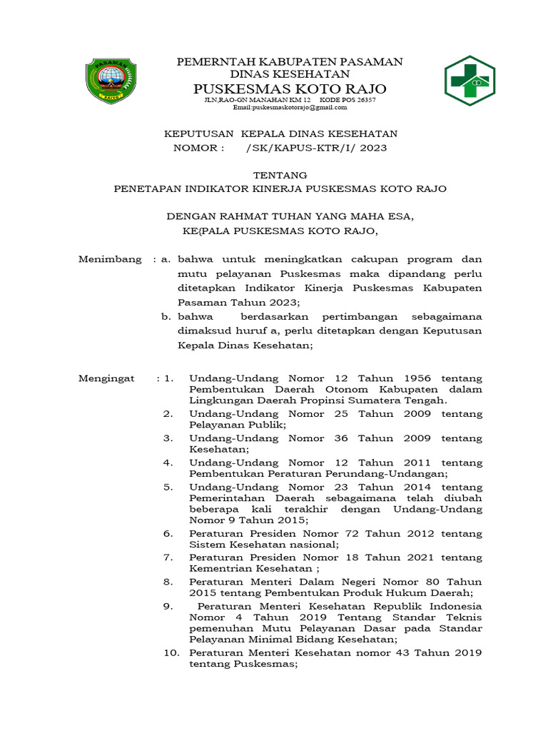 Indikator Kinerja Puskesmas Koto Rajo 2023 | PDF