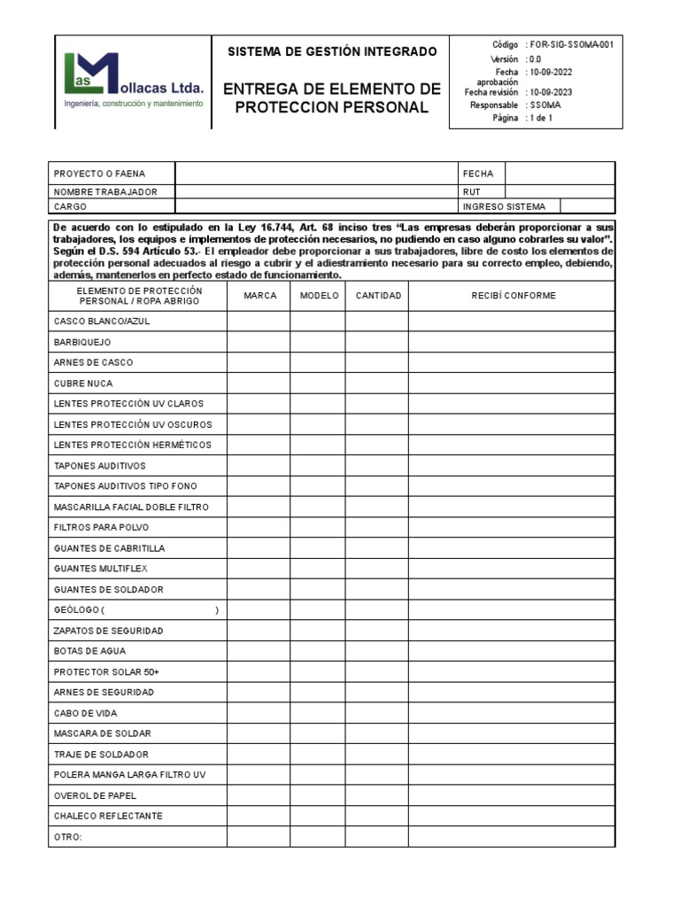 FOR-SGI-SSOMA-001 ENTREGA DE EPP Y ROPA DE ABRIGO - Docx-14 | PDF FOR-SGI-SSOMA-001 ENTREGA DE EPP Y ROPA DE ABRIGO - Docx-14 | PDF