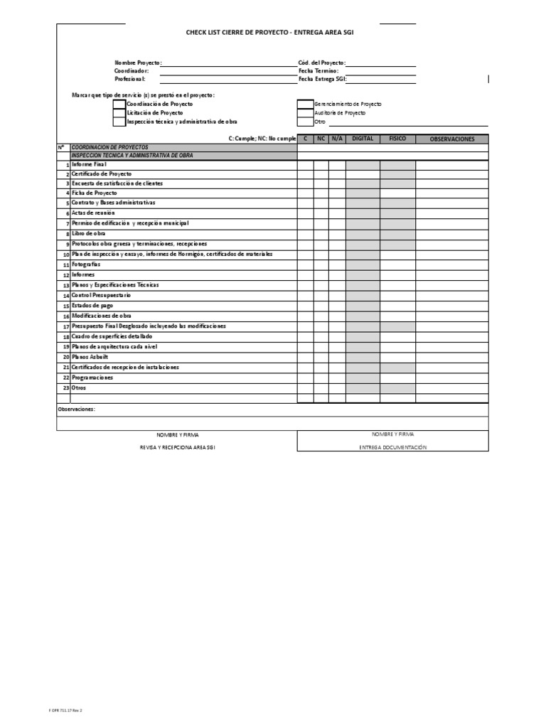 Checklist Tipo Cierre Proyecto | PDF