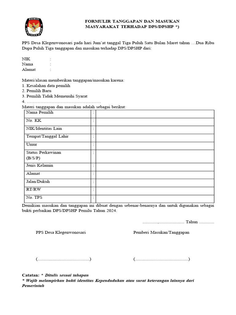 Formulir Tanggapan Dan Masukan Masyarakat | PDF