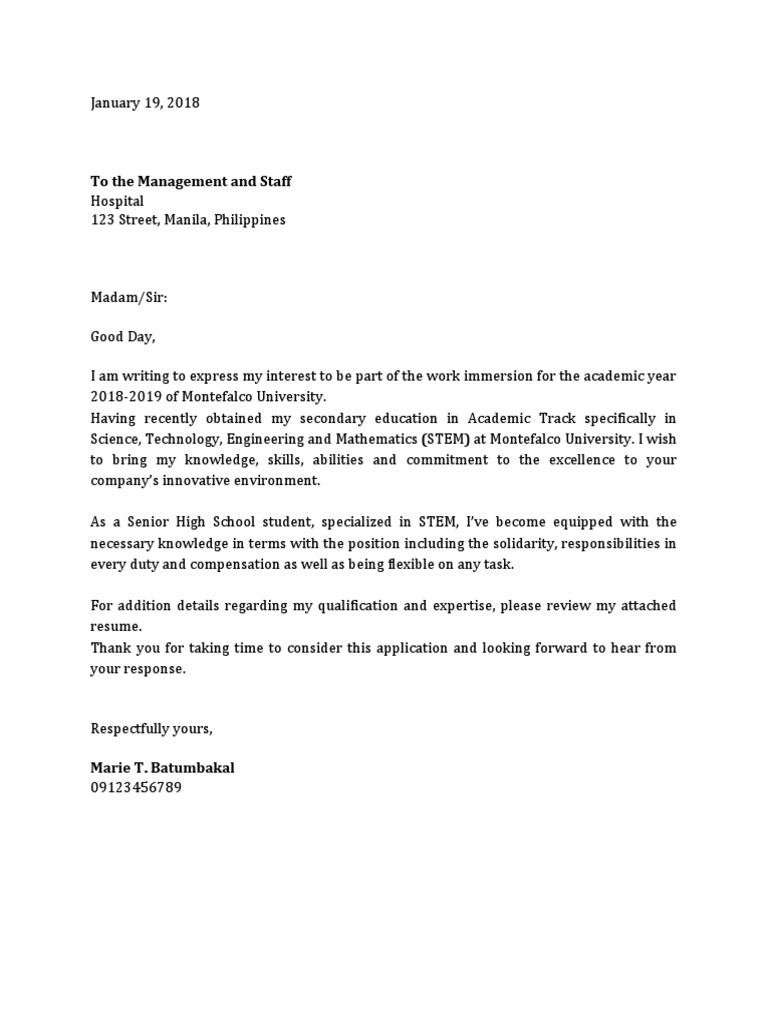 Application for Work Immersion - Grade 12 | PDF