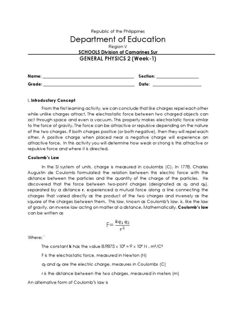Physics. Coulombs Law | PDF | Electric Charge | Force