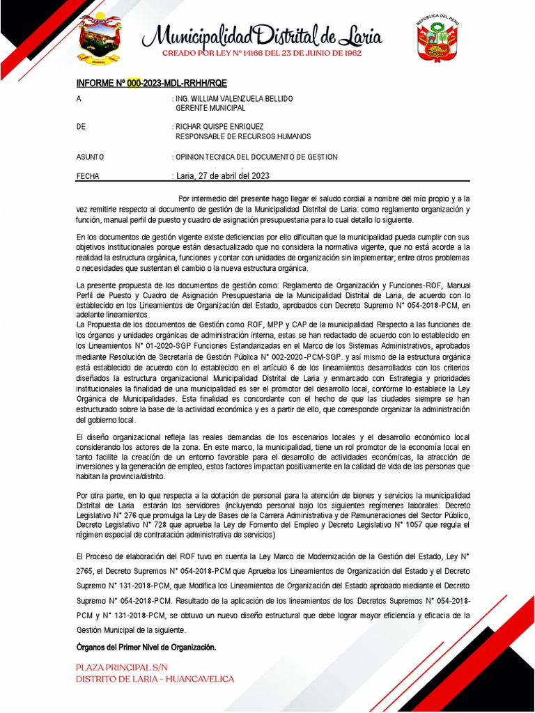Informe #0001 Opinion Tecnica Documentos de Gestion | PDF | Gestión de recursos humanos | Economias