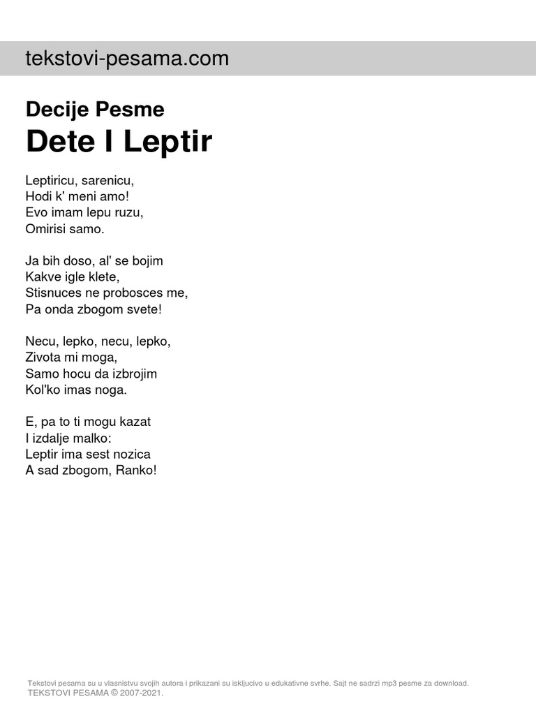 Dete I Leptir: Decije Pesme | PDF