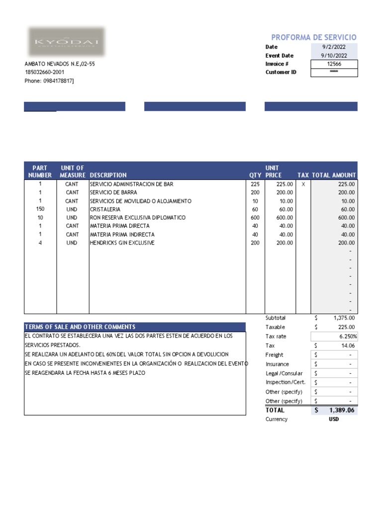 Proforma de Servicio Bares | PDF