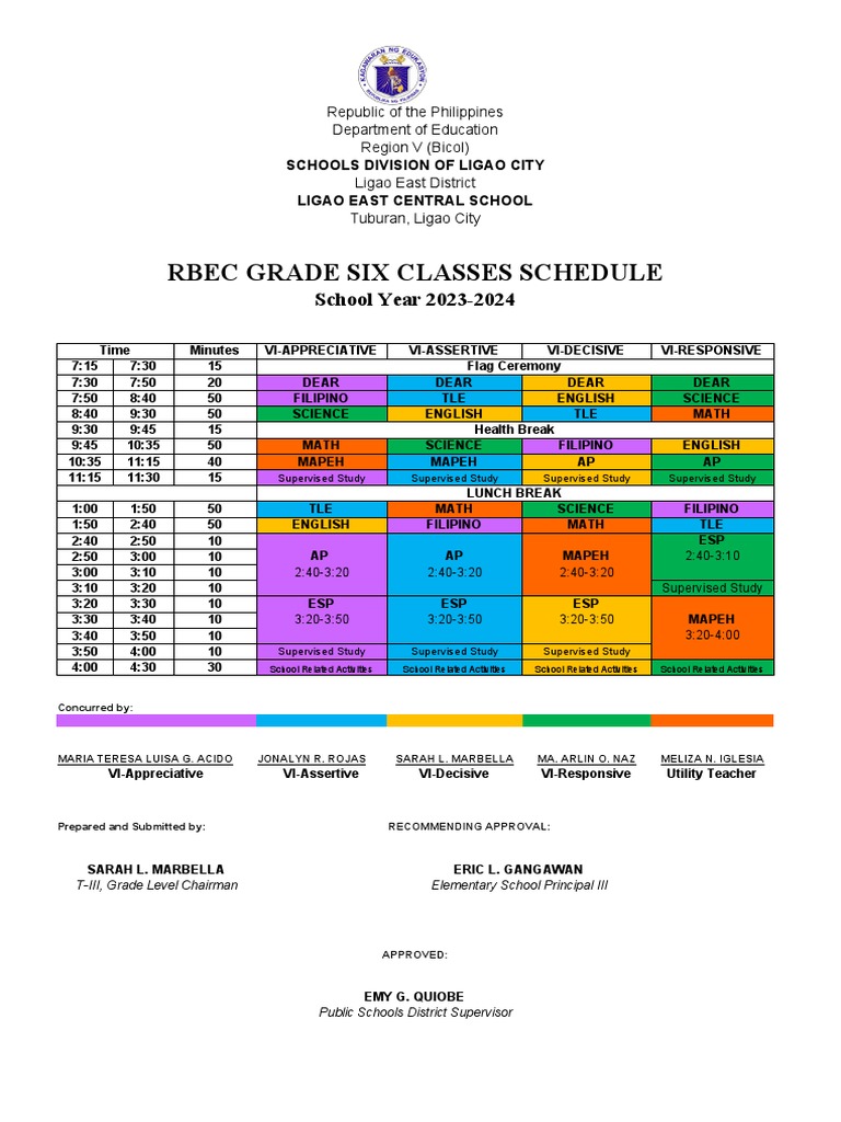 Grade 6 Class Schedules 2023-2024 | PDF | Teachers | Cognition