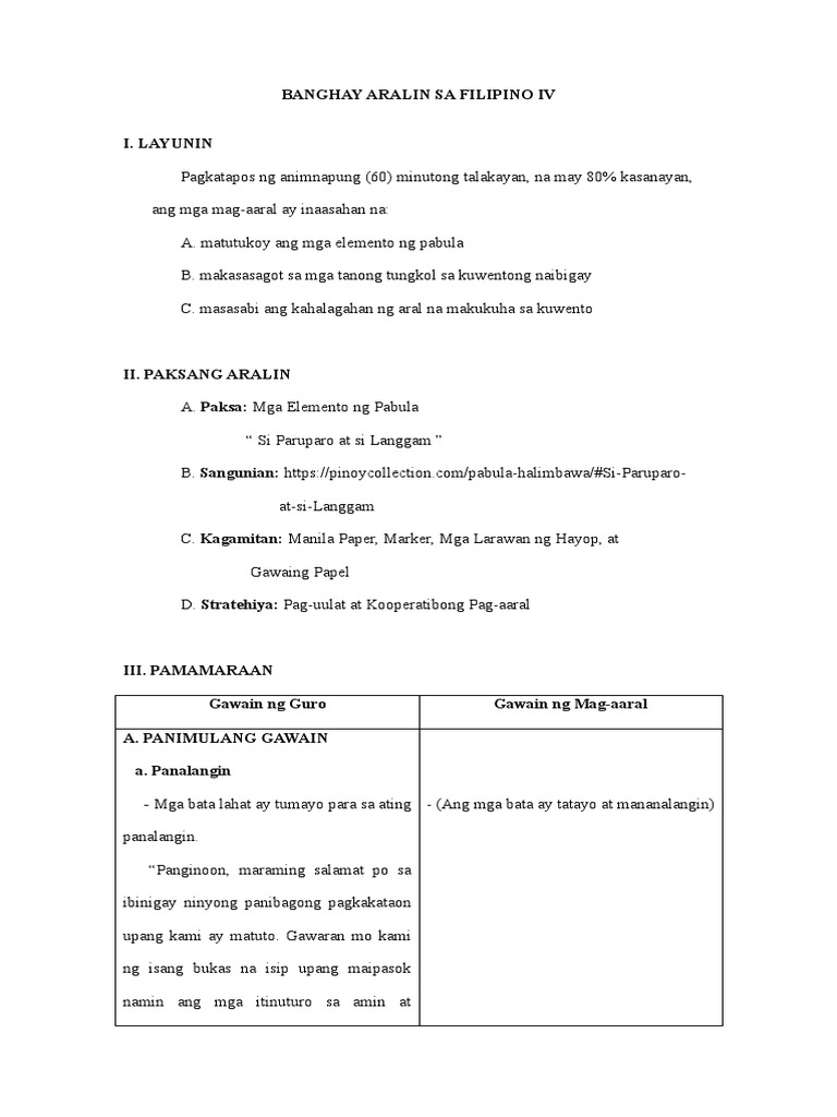 Banghay Aralin Sa Filipino IV (Ara Yusop) | PDF