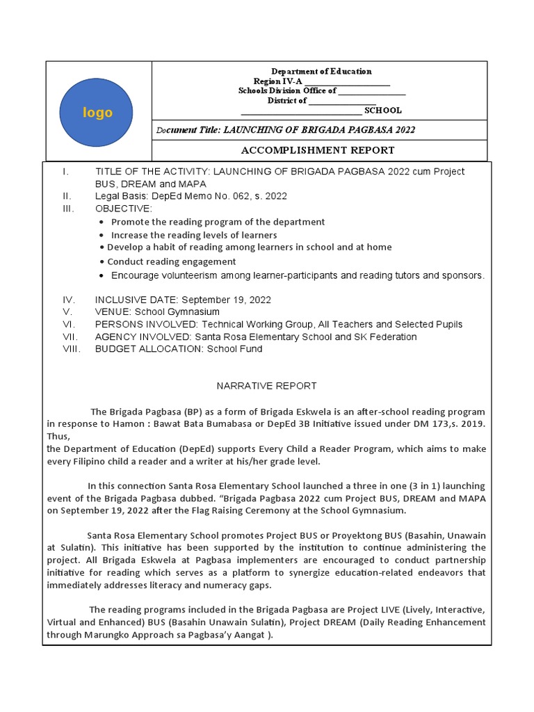 ACCOMPLISHMENT-REPORT LAUNCHING OF BRIGADA PAGBASA 2022 | PDF | Learning